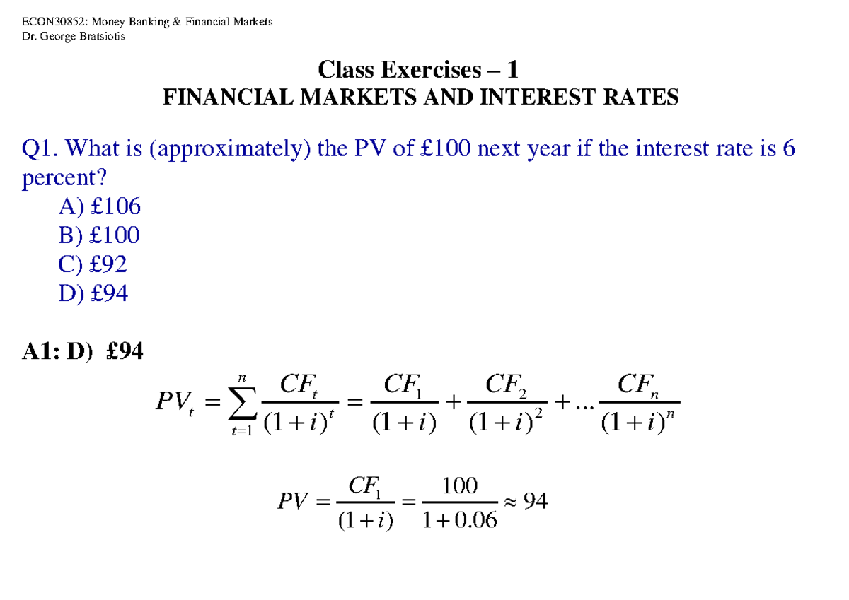 ECON30852: Money Banking Financial Markets - Exercise Solutions - Studocu