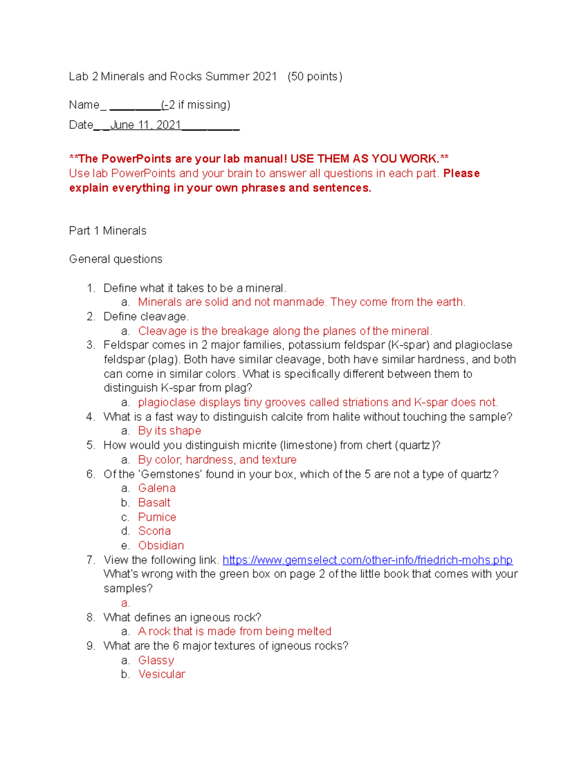 Lab 2 Minerals and Rocks summer 2021 - Lab 2 Minerals and Rocks Summer ...