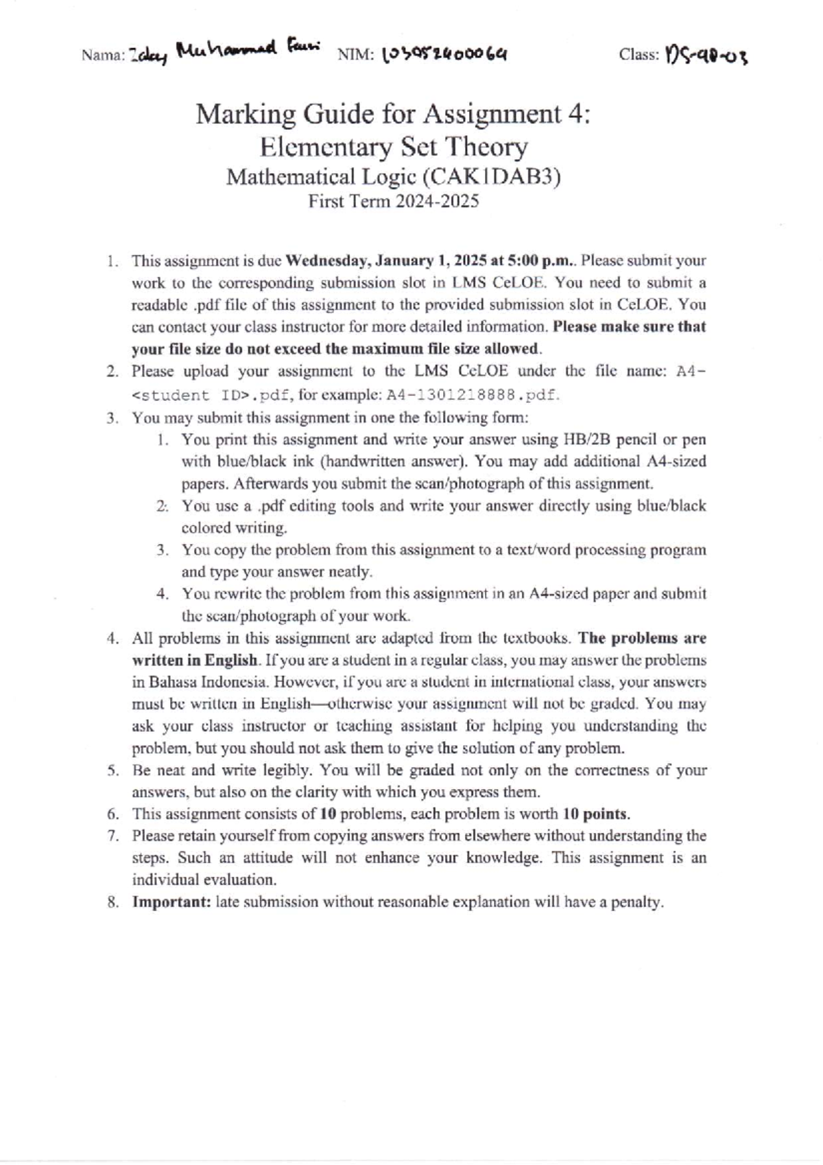 Assignment 4: Marking Guide on Elementary Set Theory - DS4803 - Studocu