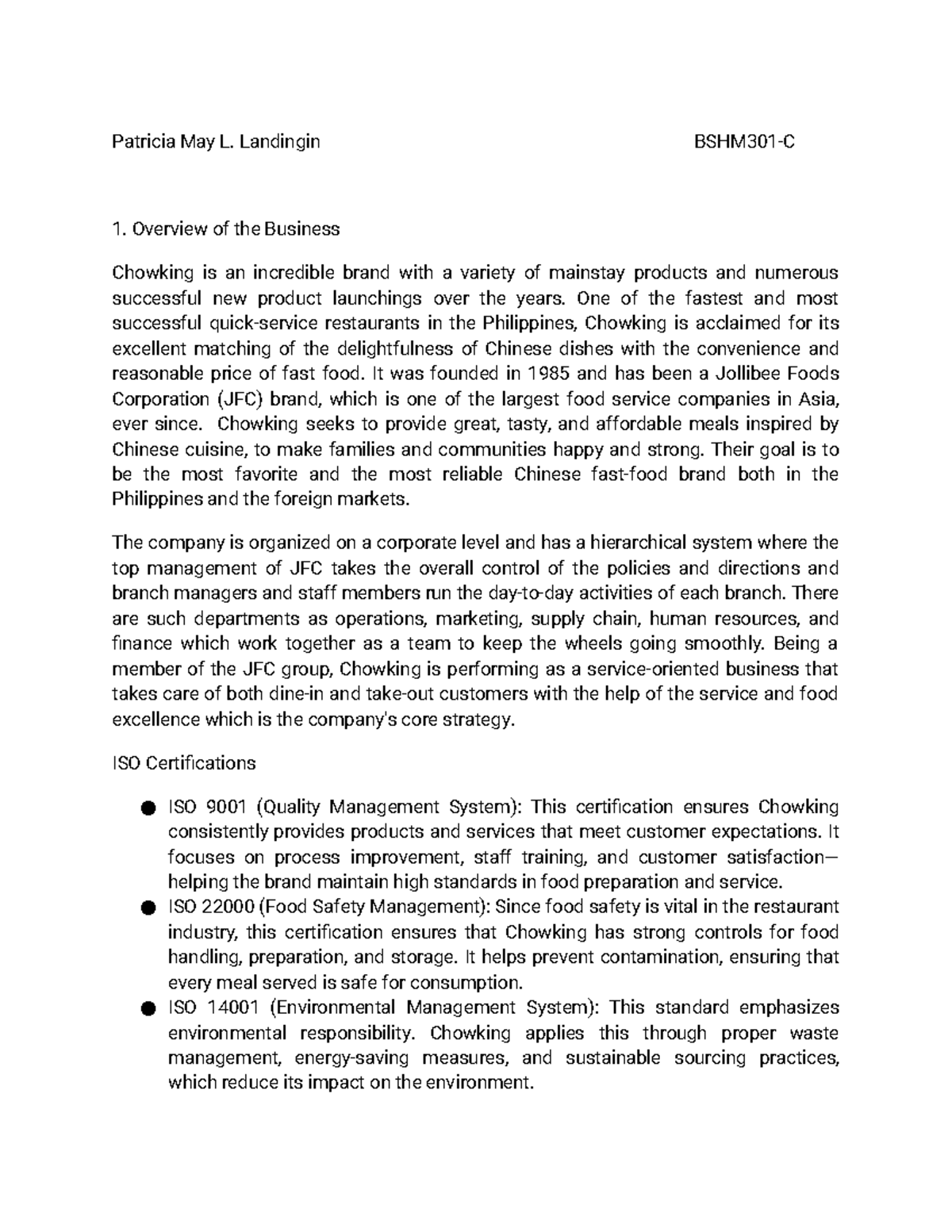 Chowking - Business Overview and ISO Certifications Research - Studocu