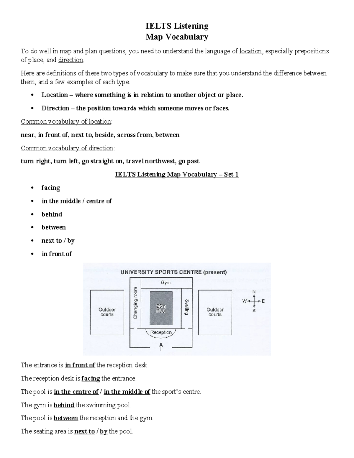 Ielts listening map vocabulary for location and direction - Studocu