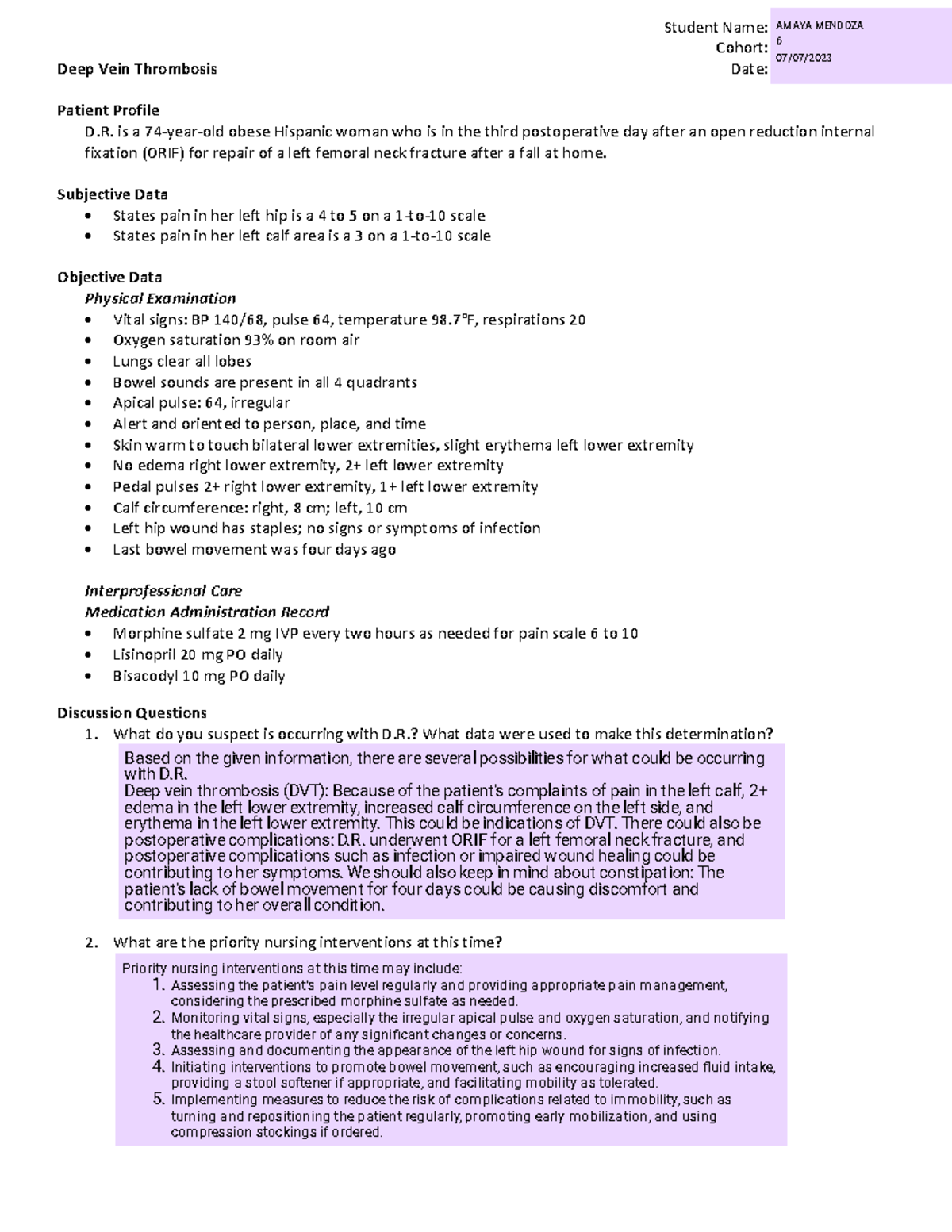 DVT Case Study: Patient Profile & Nursing Interventions Analysis - Studocu
