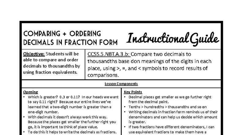 Comparing and Ordering Decimals as Fractions - CCSS.5.NBT.A.3.b - Studocu