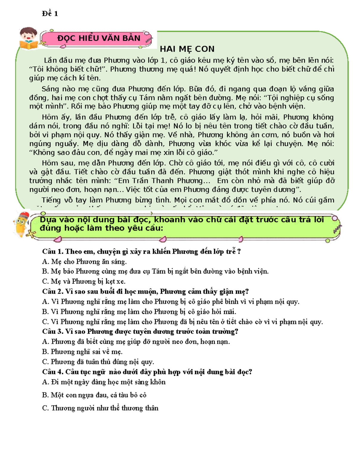 Đề 1 Đọc Hiểu Văn Bản Hai Mẹ Con - BTCT 20 - TV - KNTT - Studocu