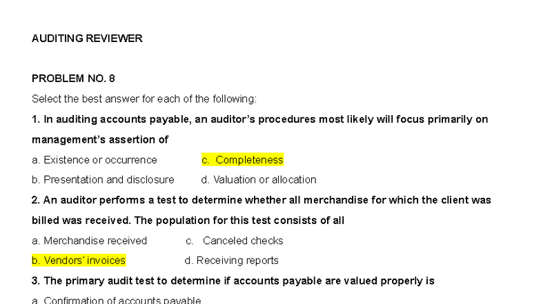 Auditing Reviewer - Practice - AUDITING REVIEWER PROBLEM NO. 8 Select ...