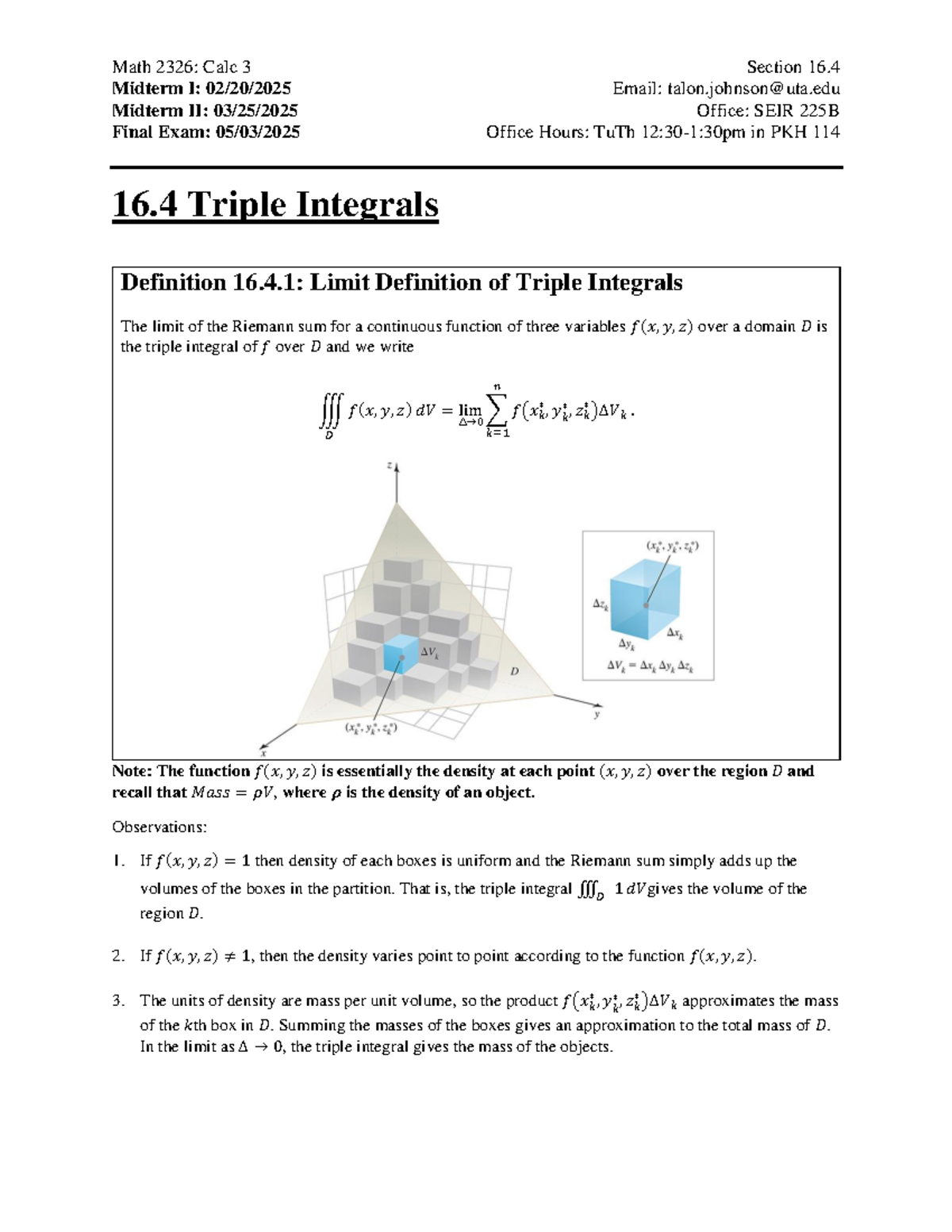 16.4 Triple Integrals (Filled Notes) - Math 2326 : Calc 3 Section 1 6 ...
