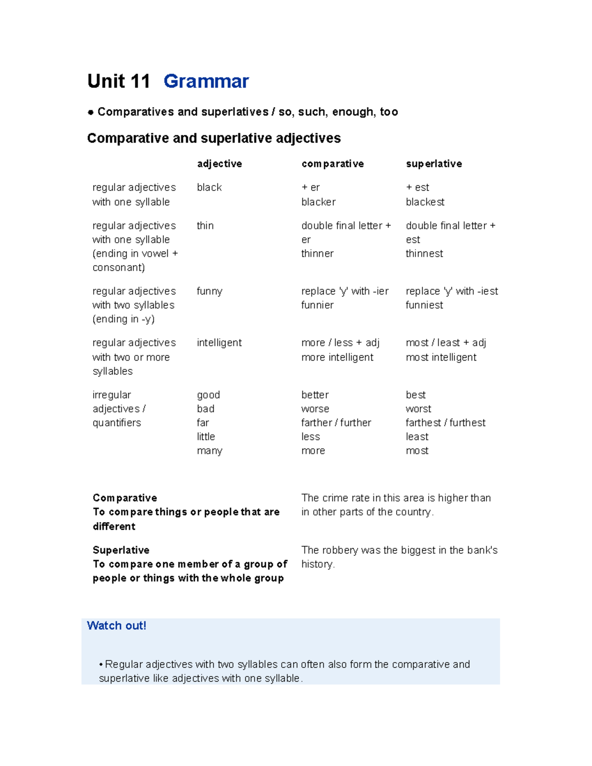 Unit 11: Grammar - Comparatives & Superlatives Explained - Studocu