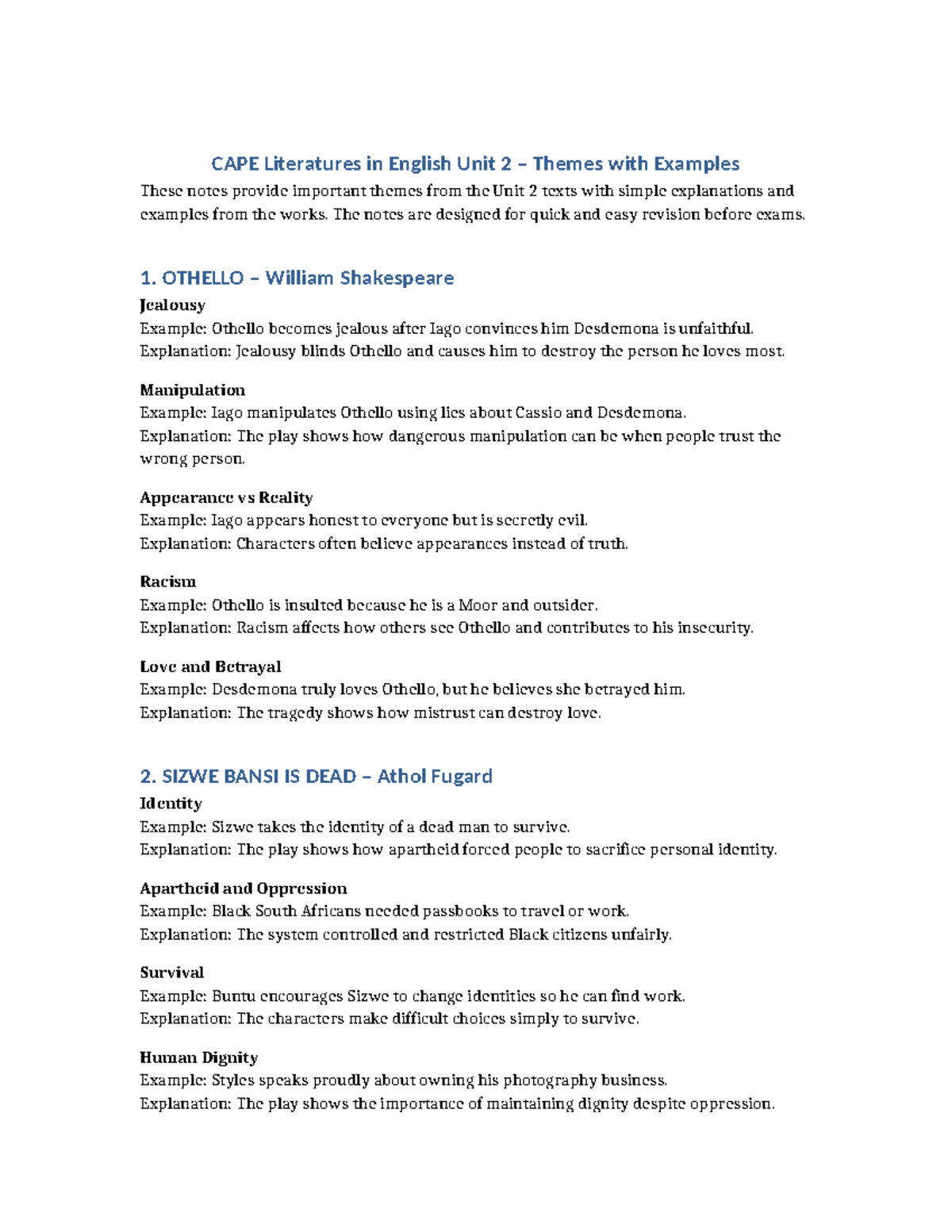 CAPE Literatures in English Unit 2: Key Themes & Examples - Studocu