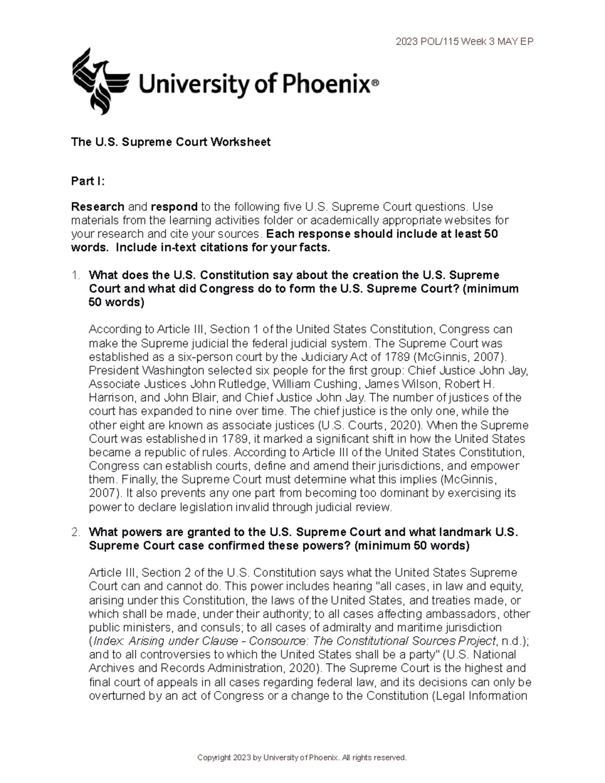 WK3 POL115 US Supreme Court Worksheet and Case Analysis - Studocu