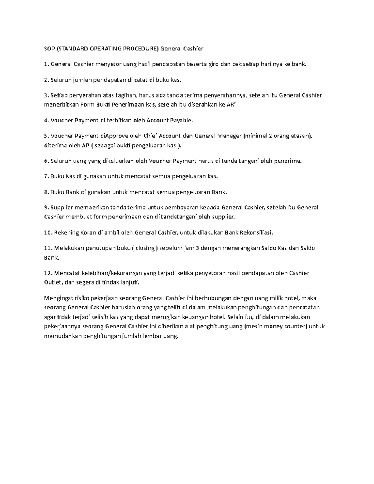 SOP for General Cashier Procedures and Responsibilities - Studocu
