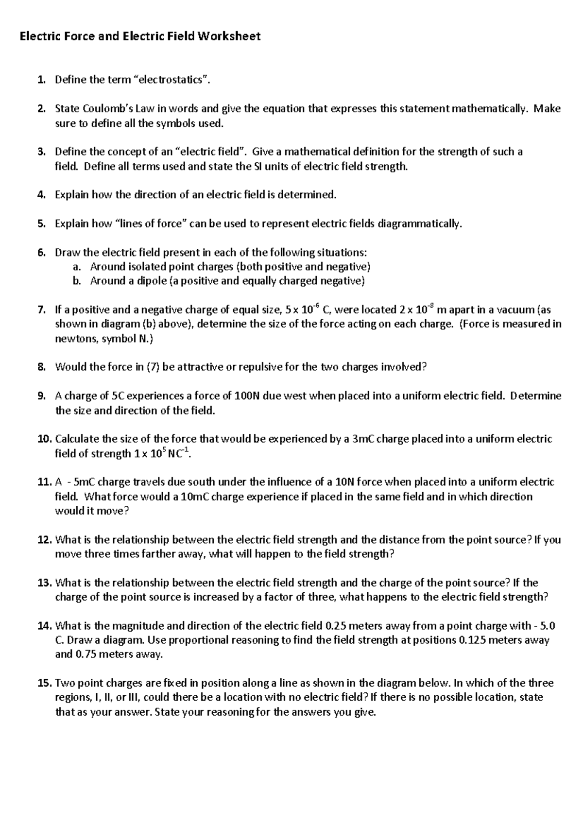 Electric Force and Field Worksheet 1 - Detailed Solutions and ...