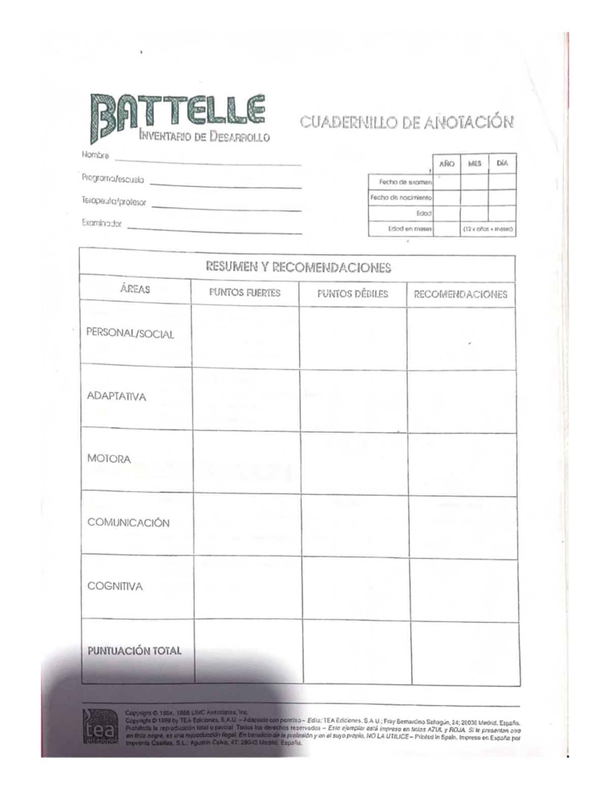 Batelle - Test - BATTELLE CUADERNILLO DE ANOTACIÓN INVENTARIO DE ...