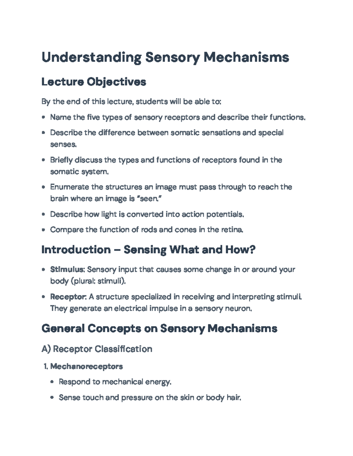 Understanding Sensory Mechanisms: Lecture Objectives & Key Concepts ...