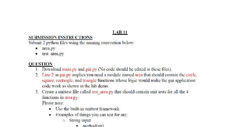 LAB 11 - Python Area Functions & Unit Testing Instructions - Studocu