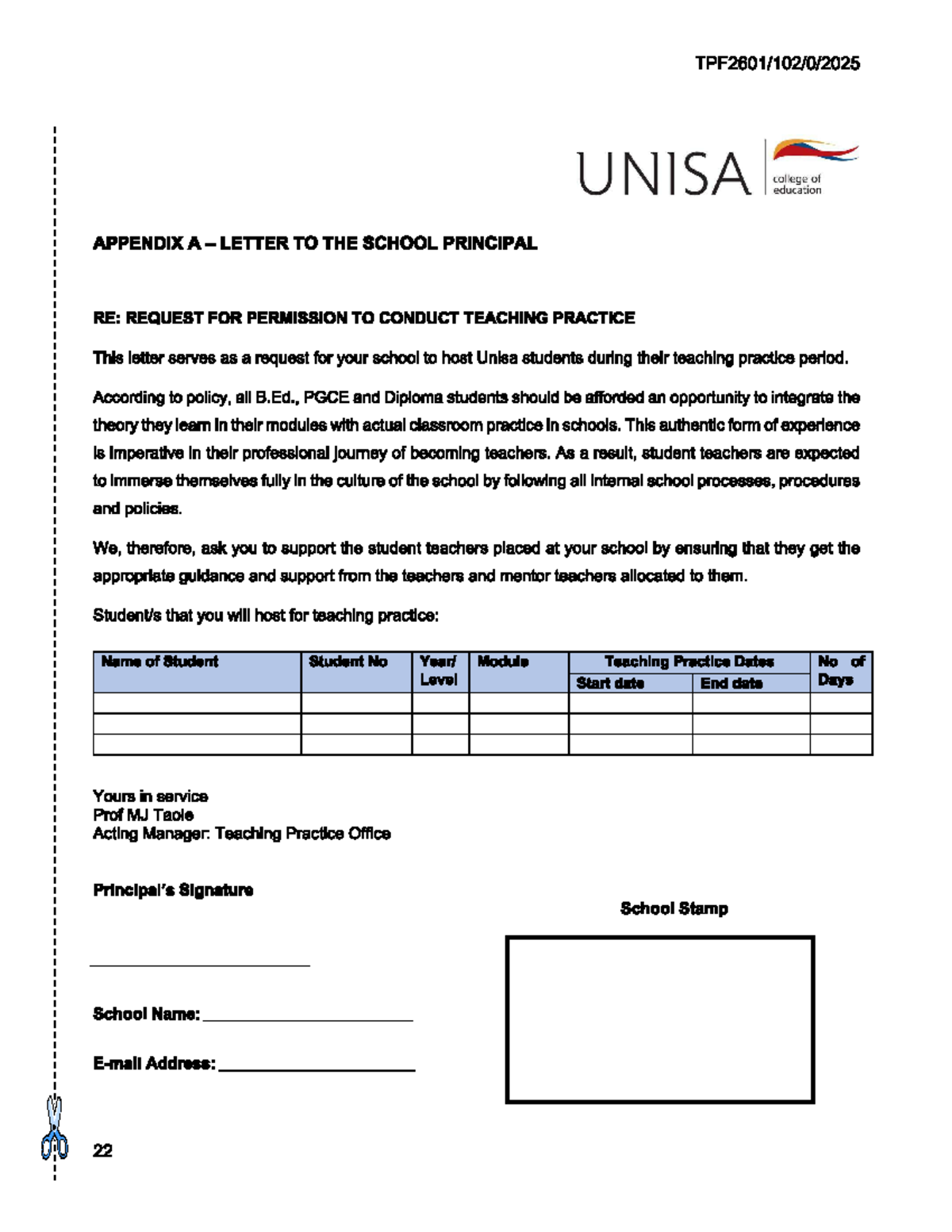 UNISA Teaching Practice Guide: Letter to School Principal - Studocu