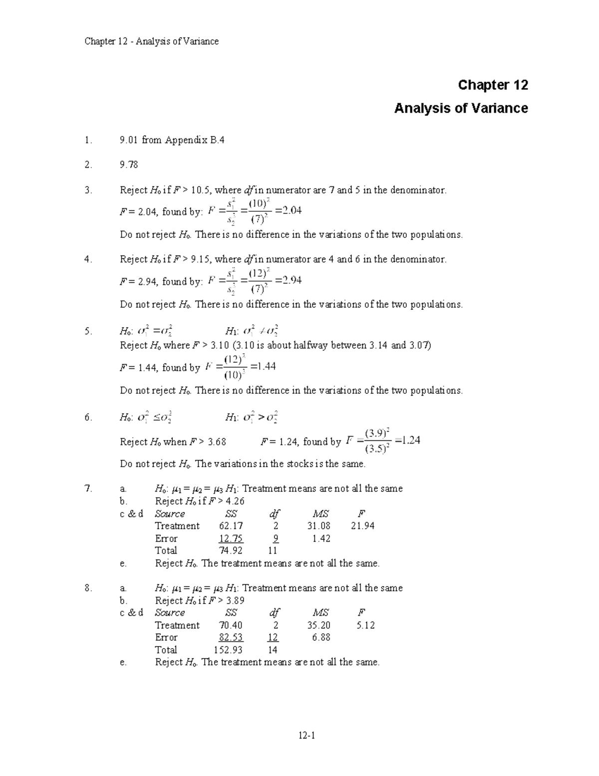 Bus 15 Chapter 12: Comprehensive Guide on Analysis of Variance - Studocu