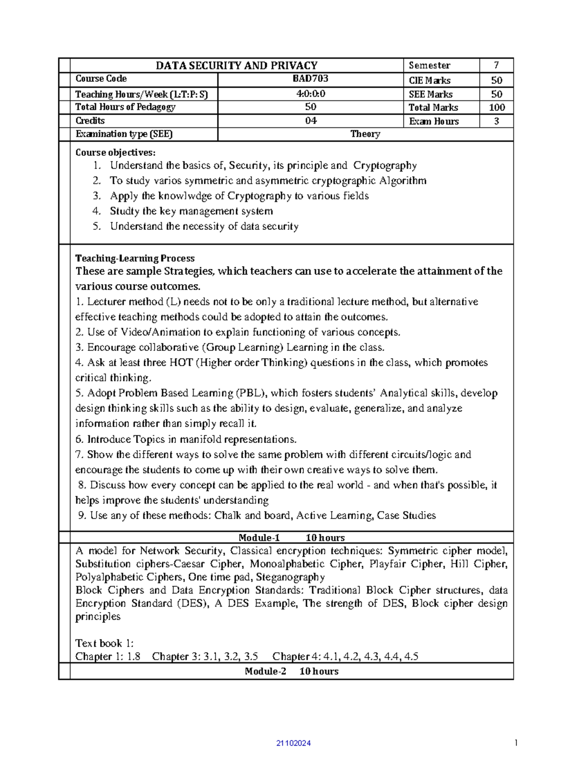 DATA SECURITY AND PRIVACY Syllabus - BAD703 (Semester 7) - Studocu