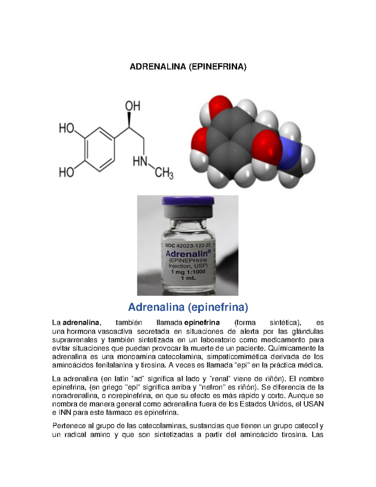 Adrenalina (Epinefrina) - Apuntes de Química Orgánica 4 - Studocu