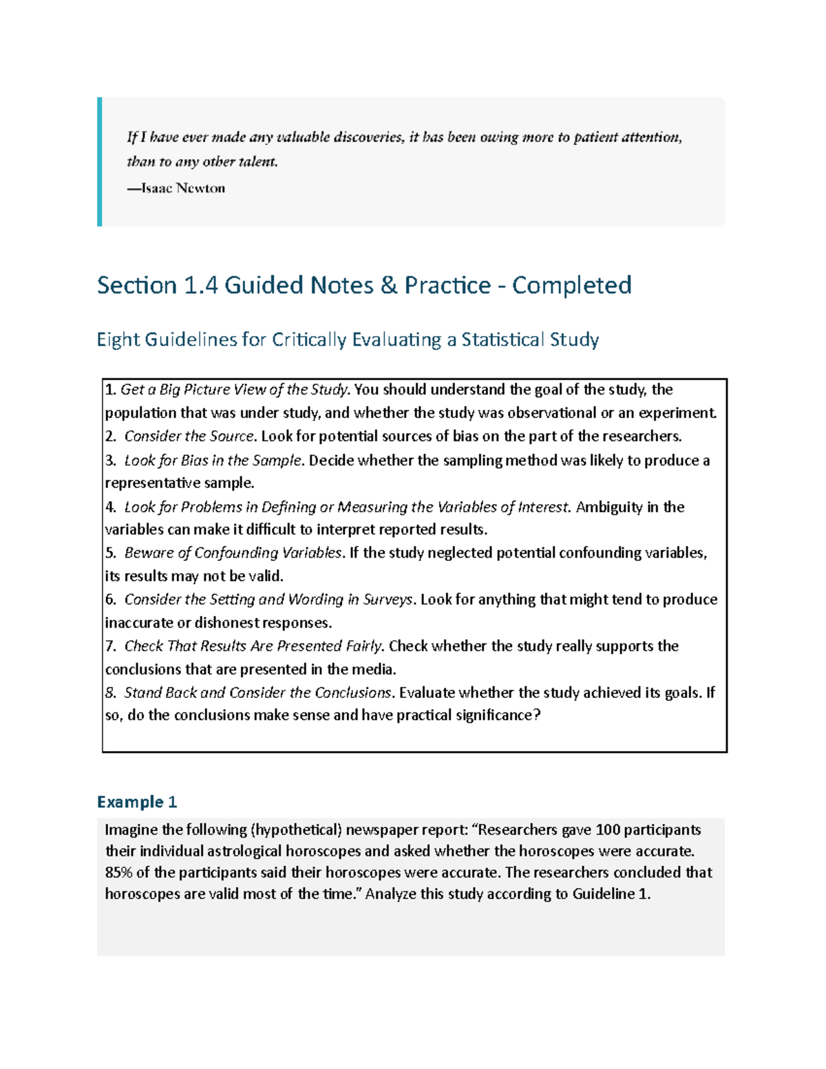 Section 1.4 Guided Notes: Evaluating Statistical Studies - Studocu