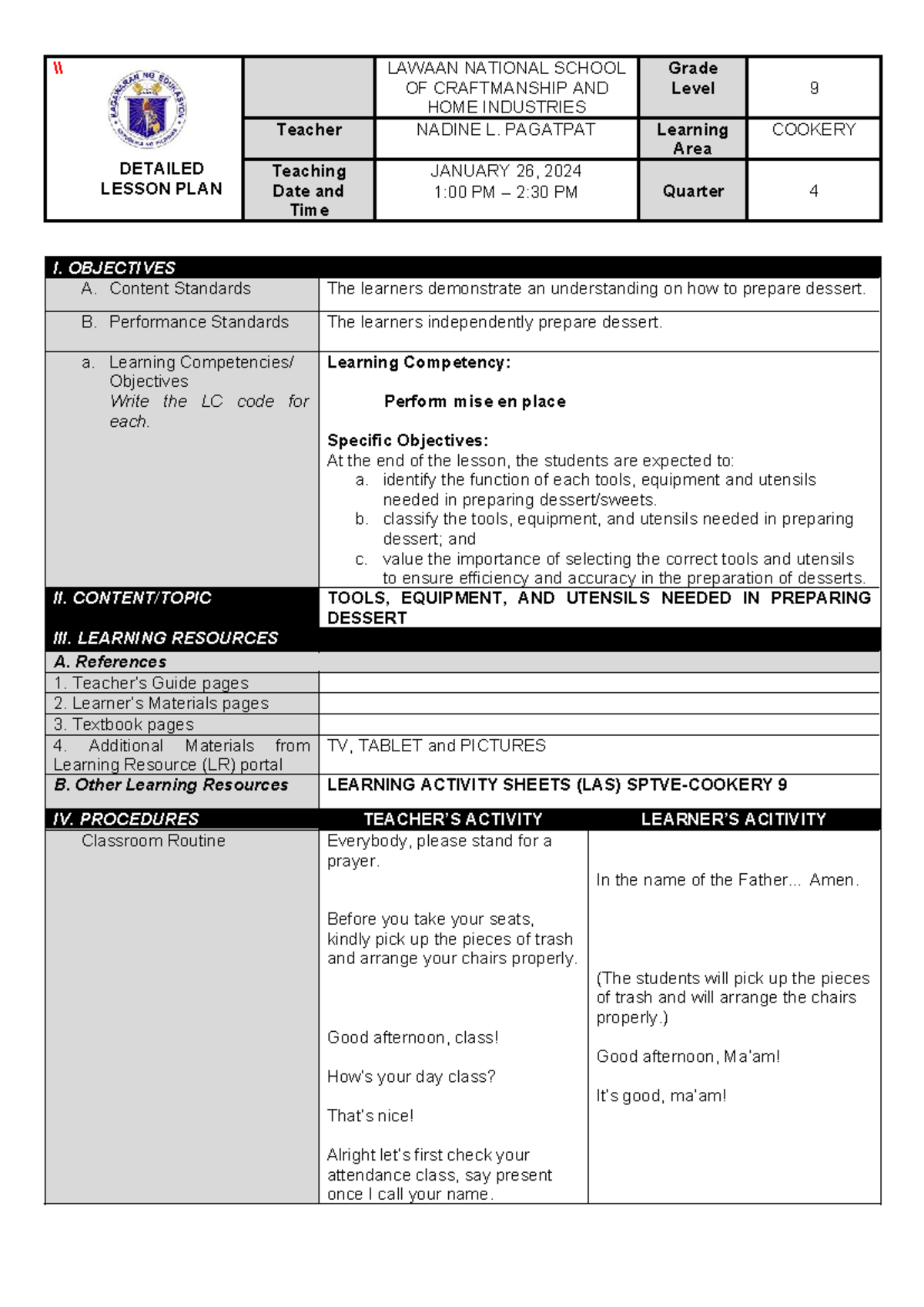 Grade 9 Cookery Lesson Plan: Preparing Desserts (Q4) - Studocu