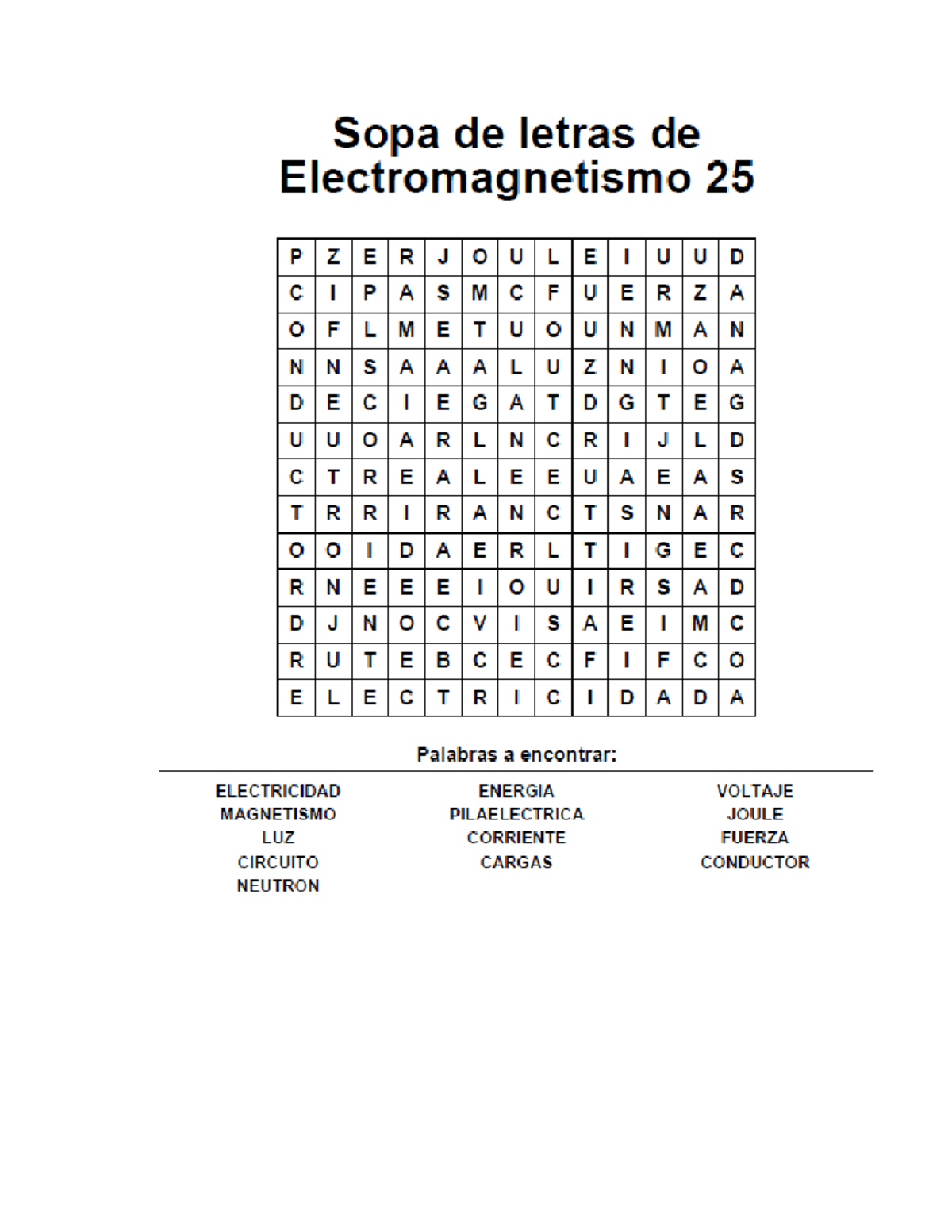 SOPA de Letras en Electricidad y Magnetismo - PZERJOULEIUUD - Studocu