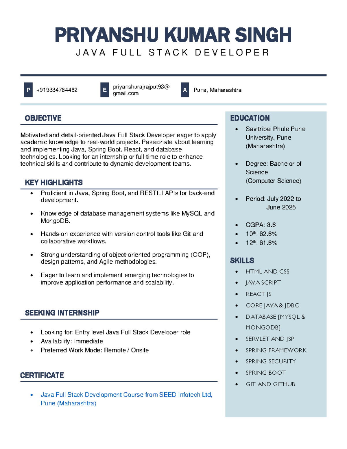 Priyanshu Singh - Resume Template - PRIYANSHU KUMAR SINGH J A V A F U L L S T A C K D E V E L O ...