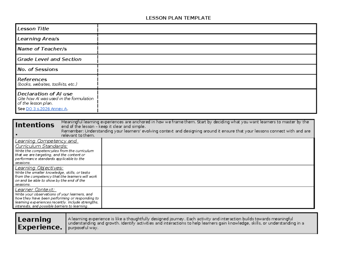 LESSON PLAN TEMPLATE: Designing Meaningful Learning Experiences - Studocu