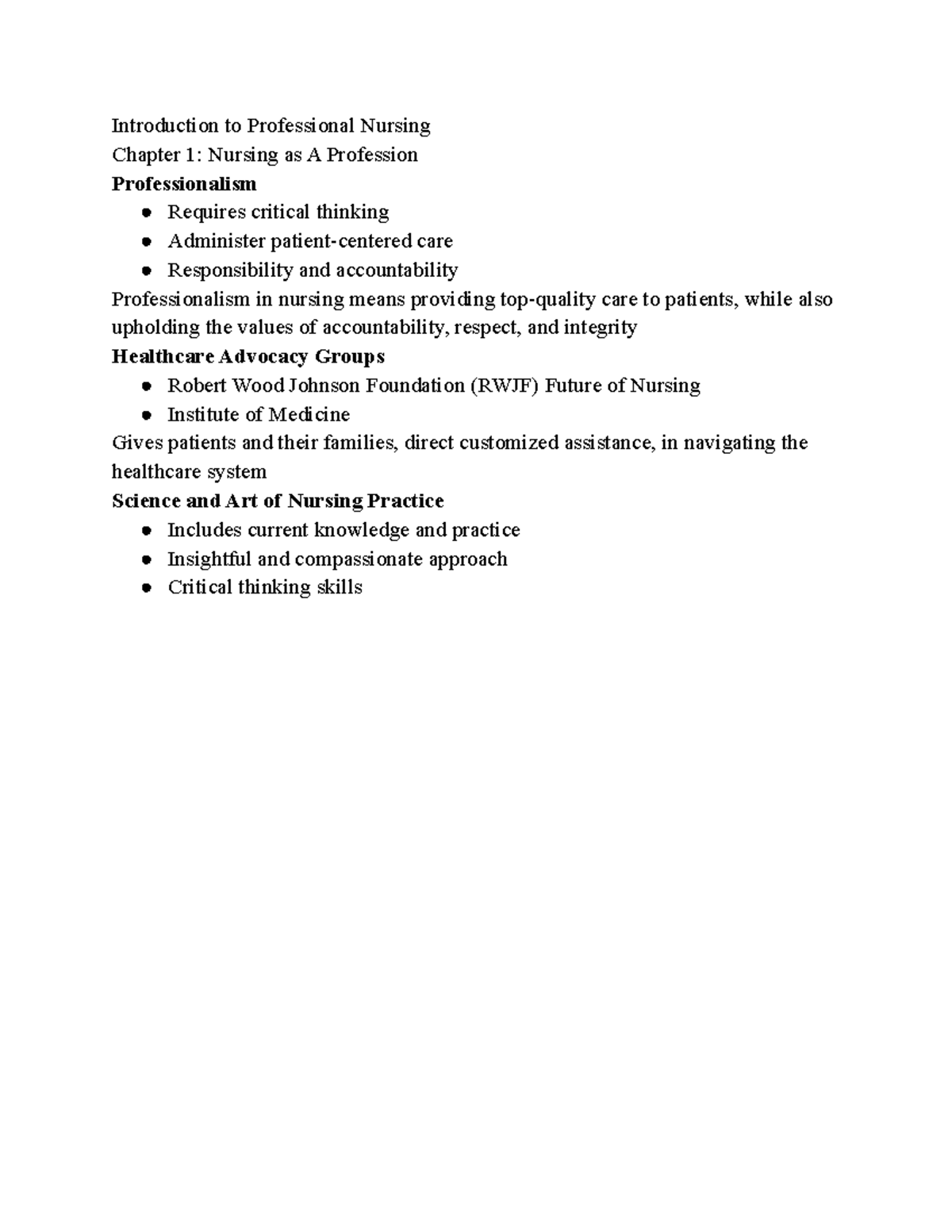 NURS 101: Intro to Professional Nursing - Chapter 1 Overview - Studocu