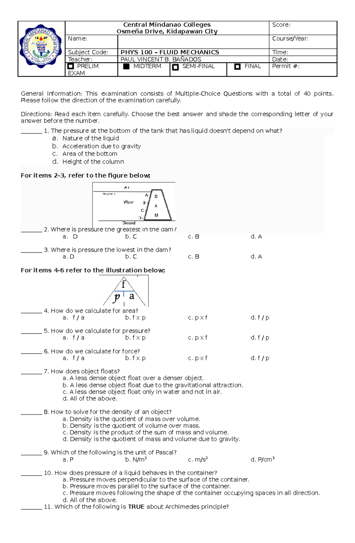 Midterm-Exam-PHYS100: Practice Test for Fluid Mechanics Concepts - Studocu