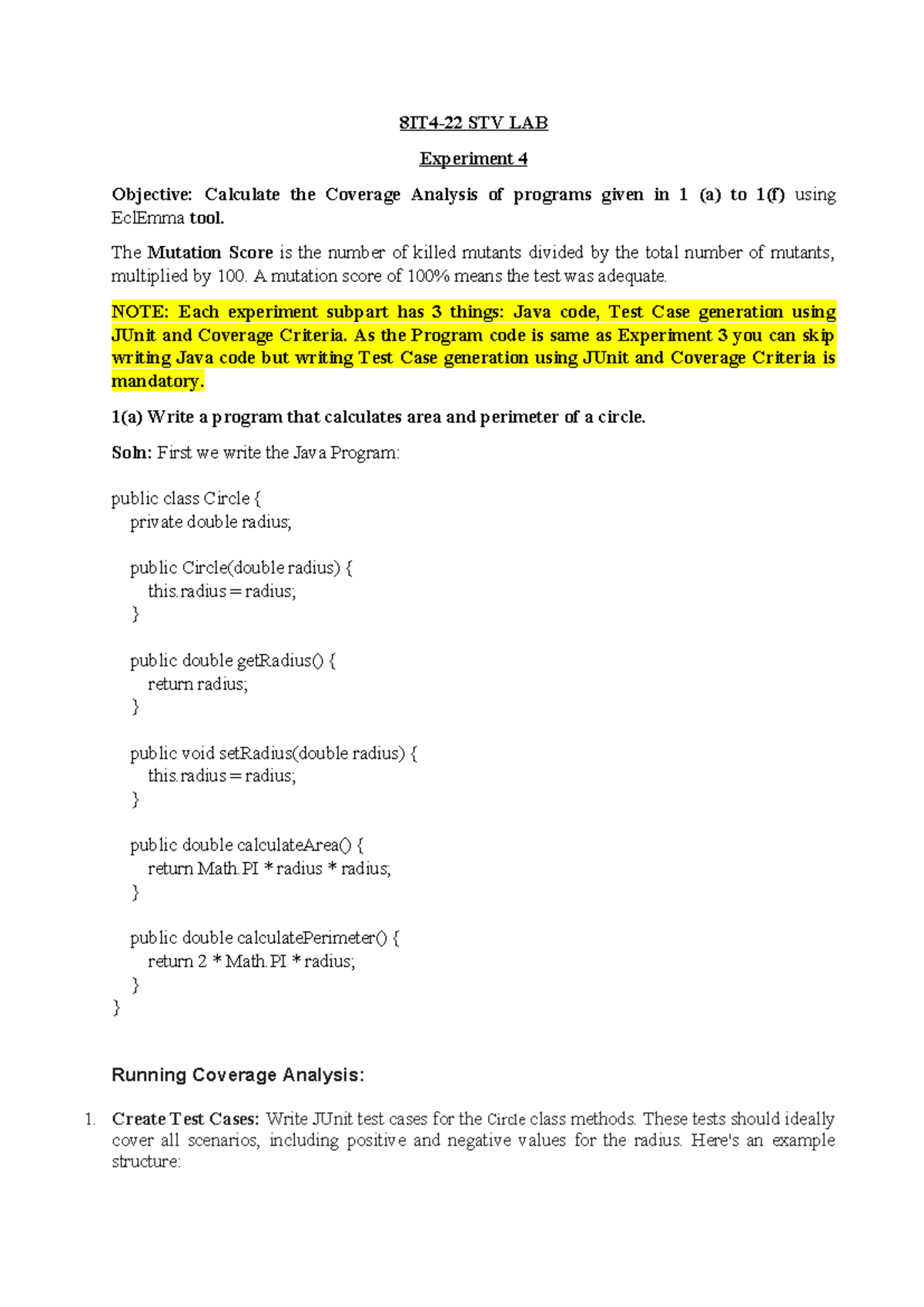 8IT4-22 STV Lab Experiment 4: Coverage Analysis with EclEmma Tool - Studocu