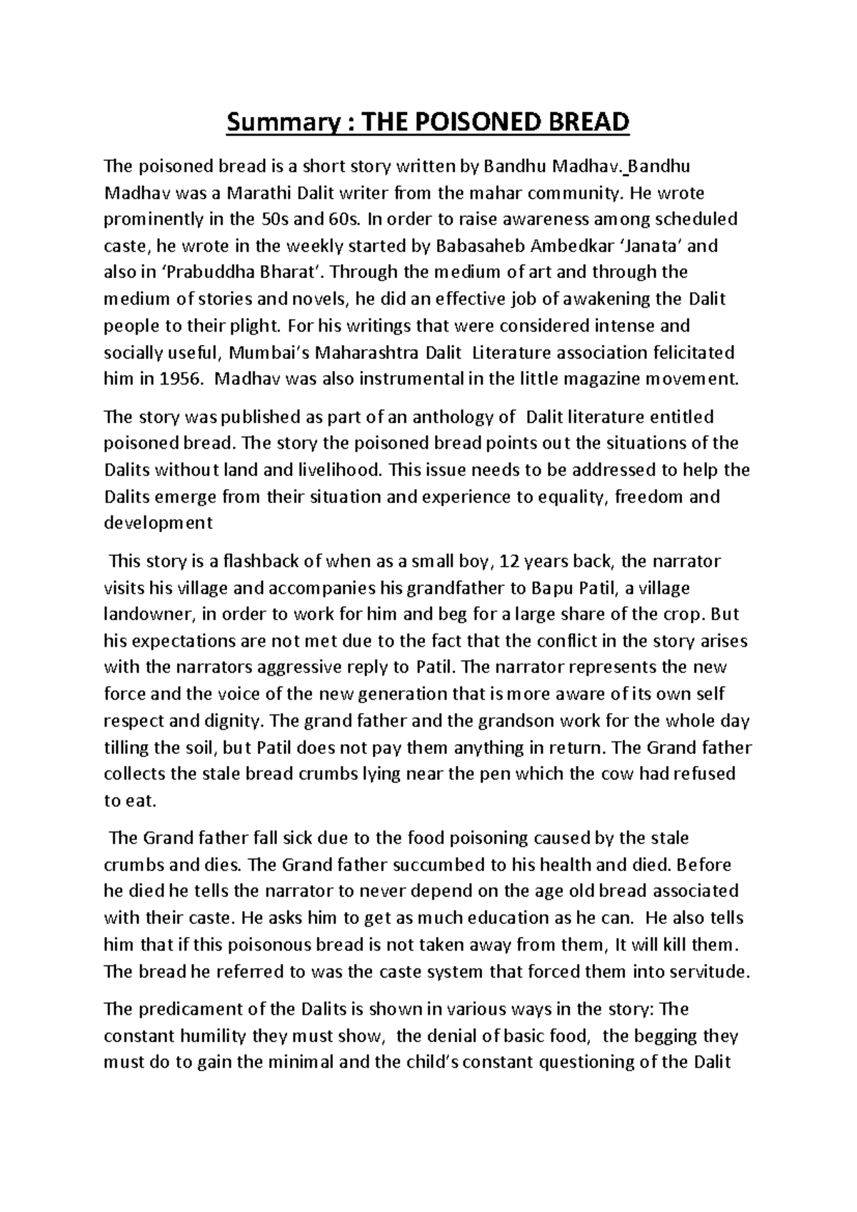 Summary and Analysis of "The Poisoned Bread" - Dalit Literature - Studocu