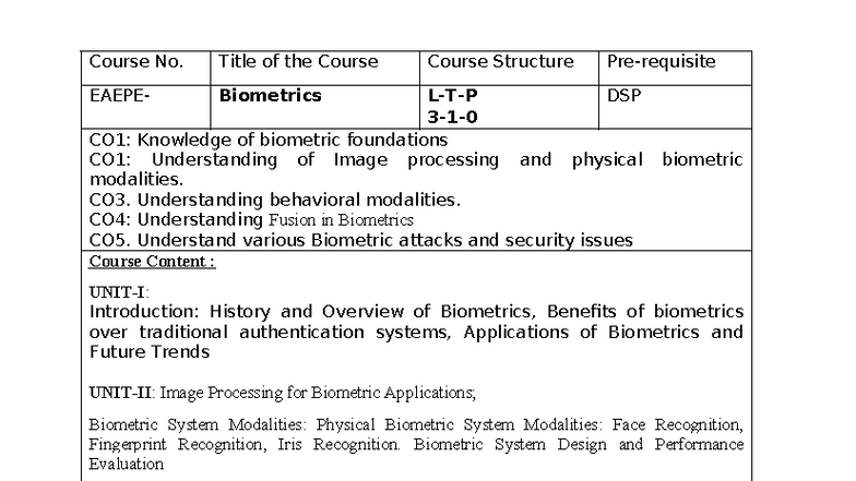 Biometrics Course Syllabus (Course No. [Insert Code Here]) - Studocu
