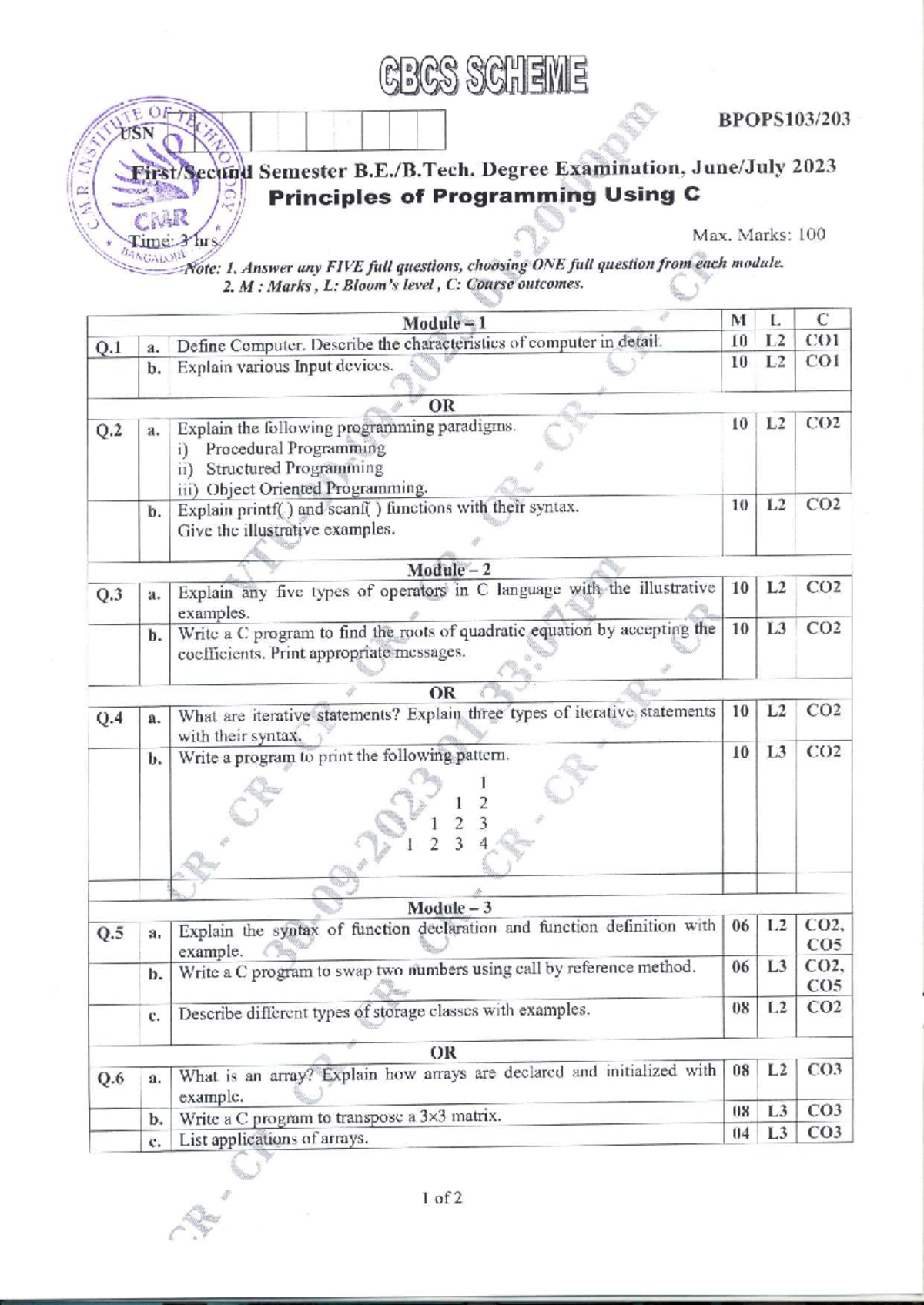 VTU QP BPOPS203 Principles of Programming Using C June-July 2023 - Studocu