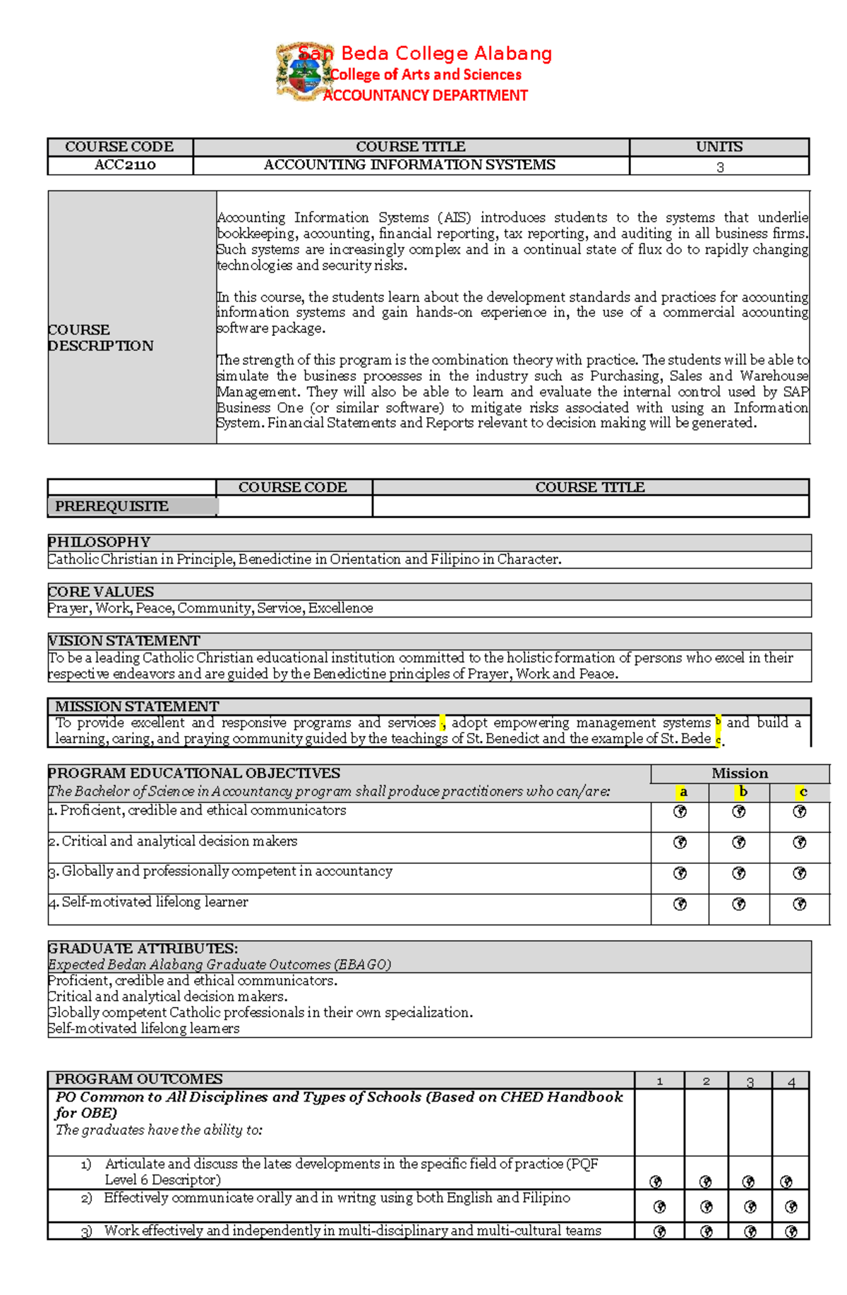 ACC2110 Accounting Information Systems OBE Syllabus Overview - Studocu