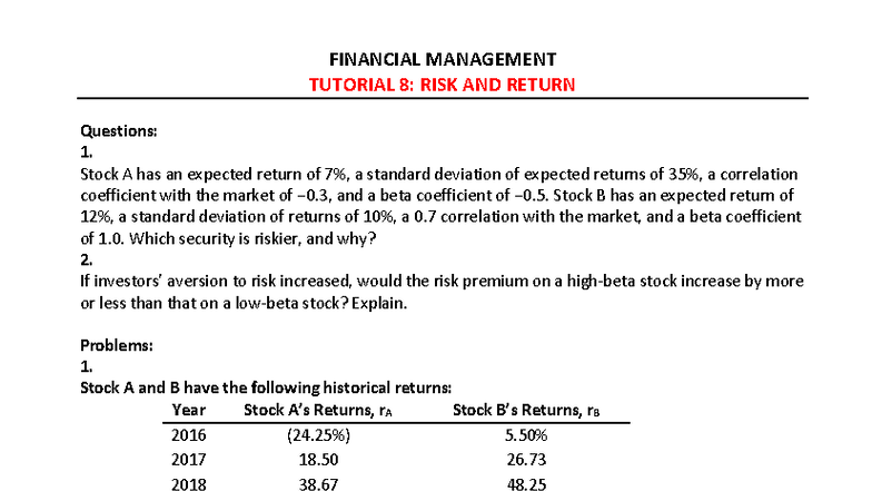 FINANCIAL MANAGEMENT TUTORIAL 8: RISK AND RETURN ANALYSIS - Studocu