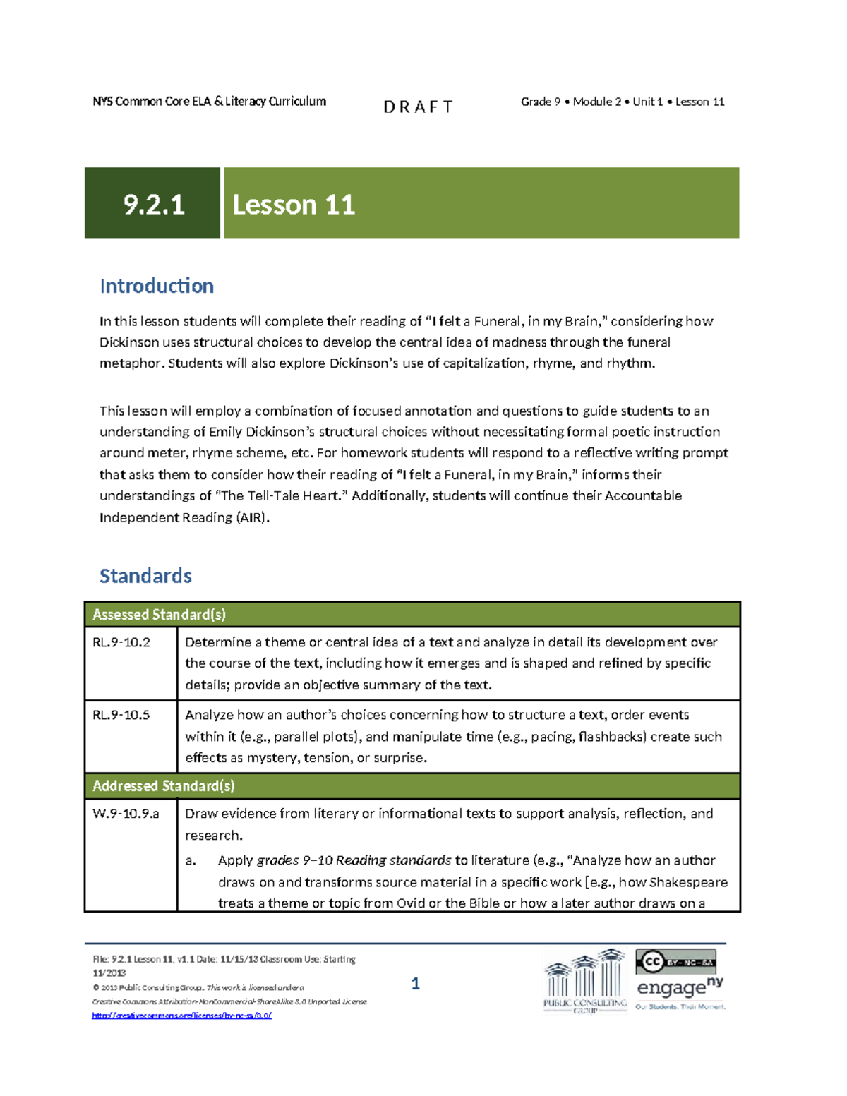 NYS Common Core ELA Grade 9 Module 2 Unit 1 Lesson 11: Analyzing ...