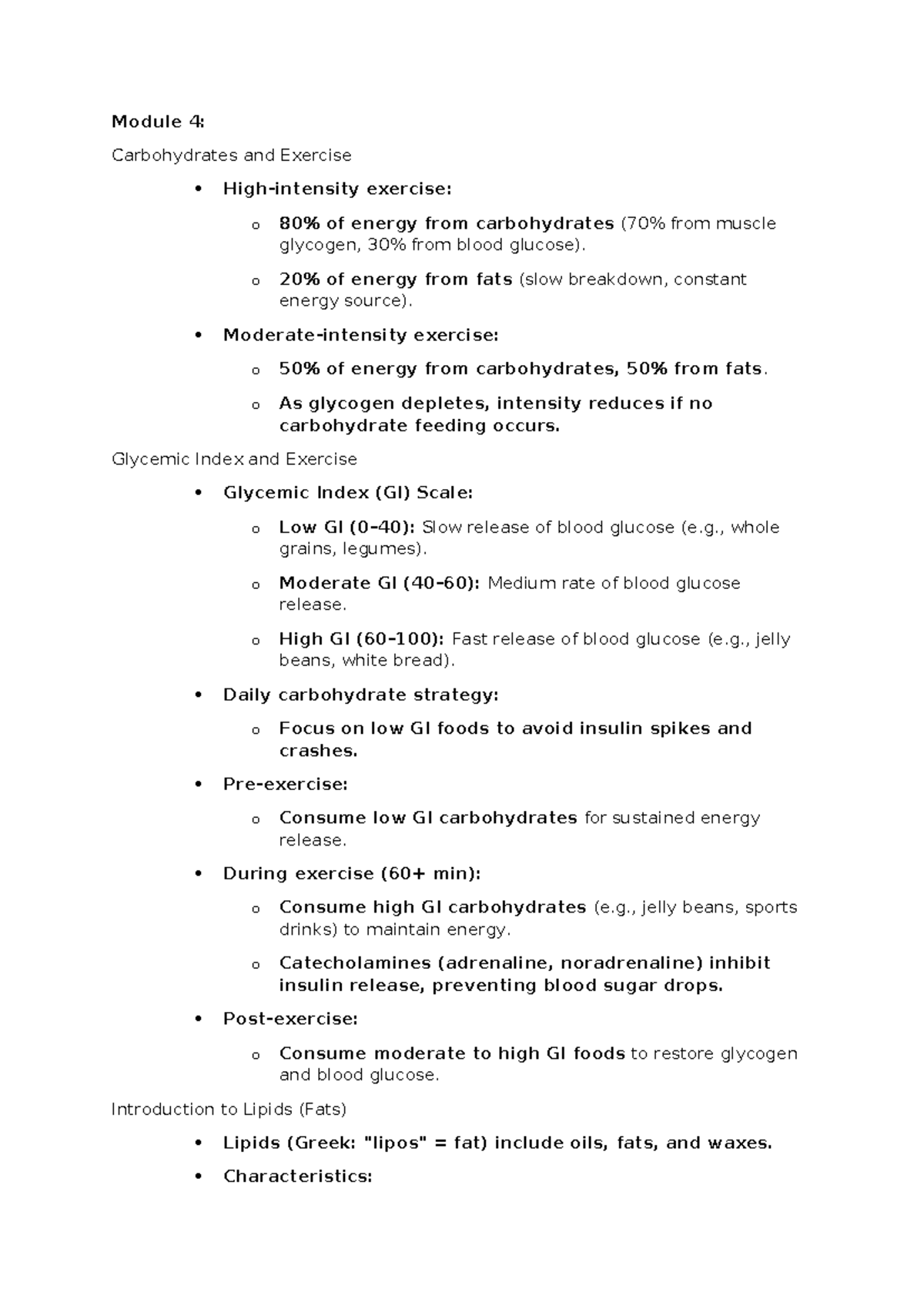 Ex Phys Module 4: Carbohydrates, Fats, and Exercise Strategies - Studocu