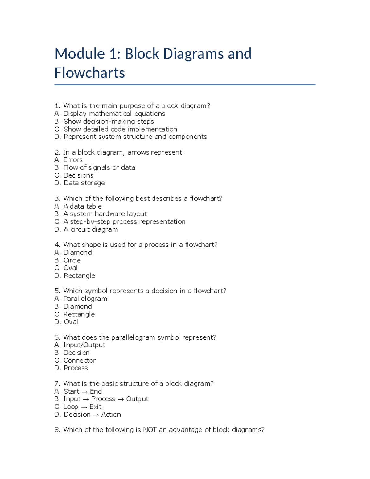 Module 1: MCQ on Block Diagrams and Flowcharts - Studocu