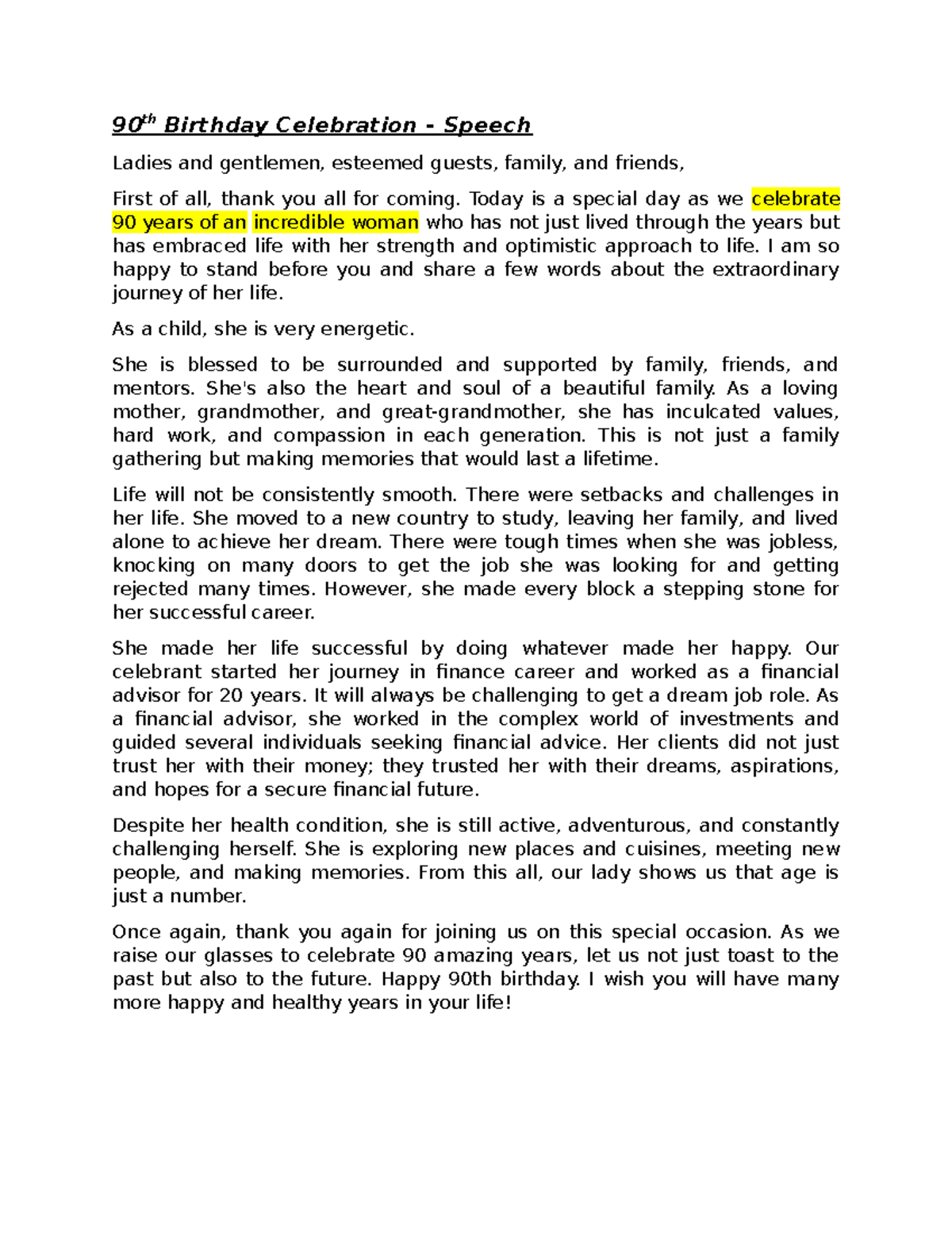 90th Birthday Celebration Speech - A Tribute to a Remarkable Life - Studocu