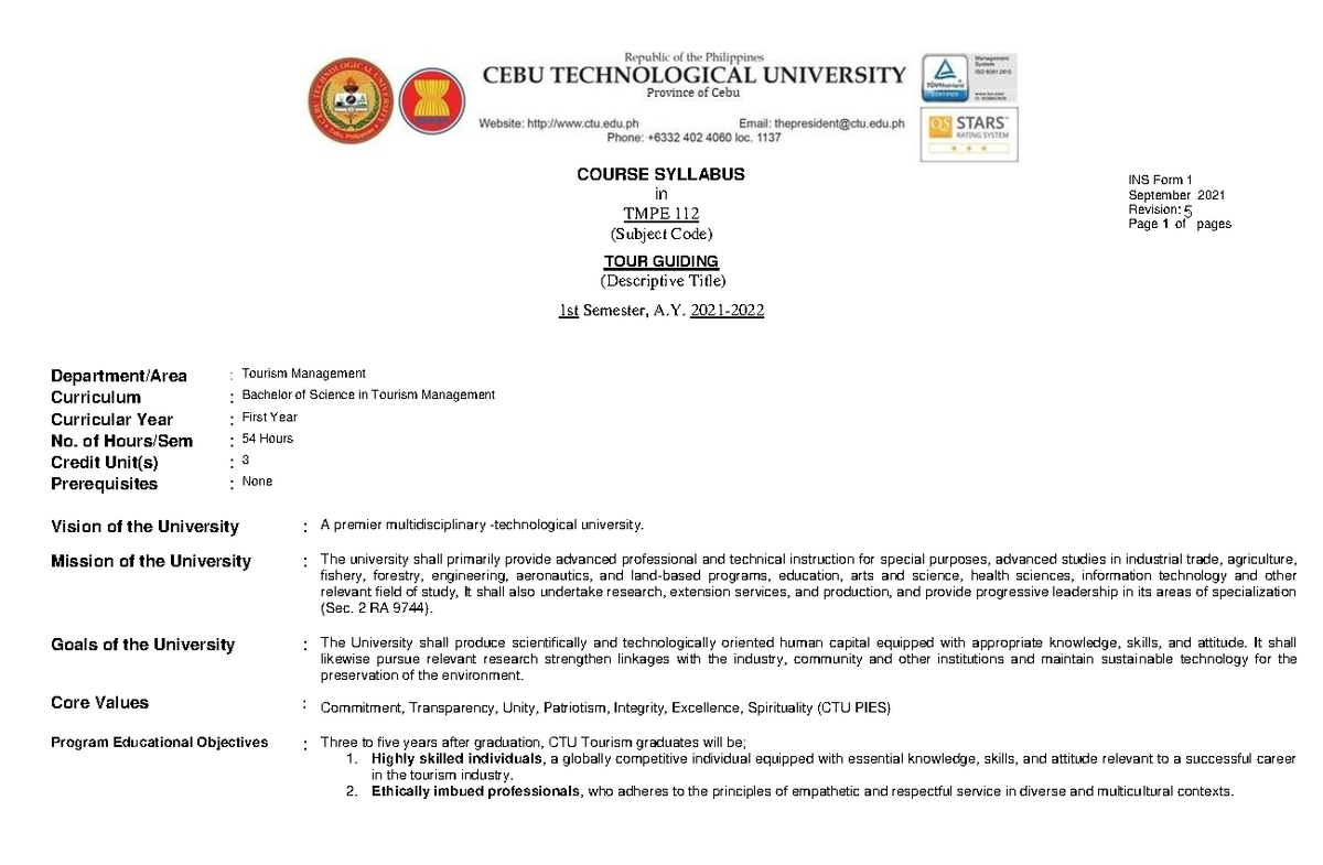 TMPE 112: Tour Guiding Course Syllabus - 1st Sem A.Y. 2021-2022 - Studocu