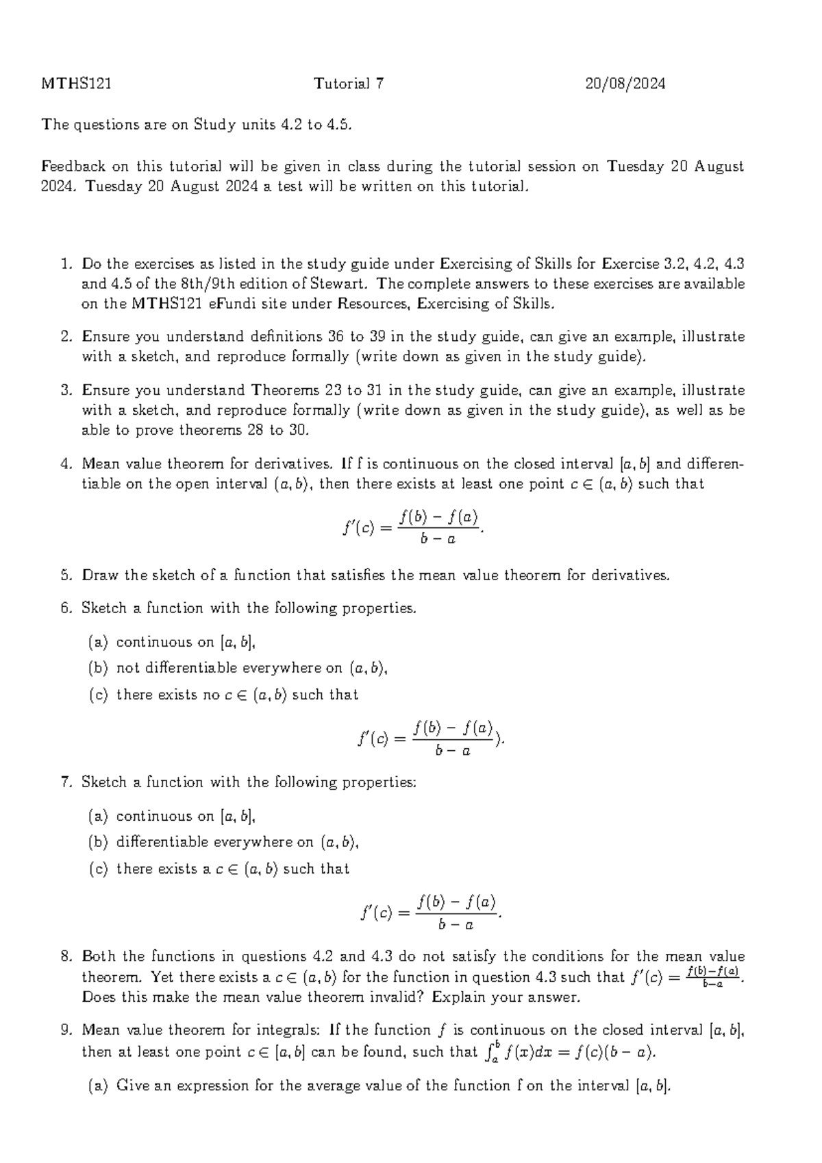 MTHS121 Tutorial 7: Exercises & Theorems from Units 4.2 to 4.5 - Studocu