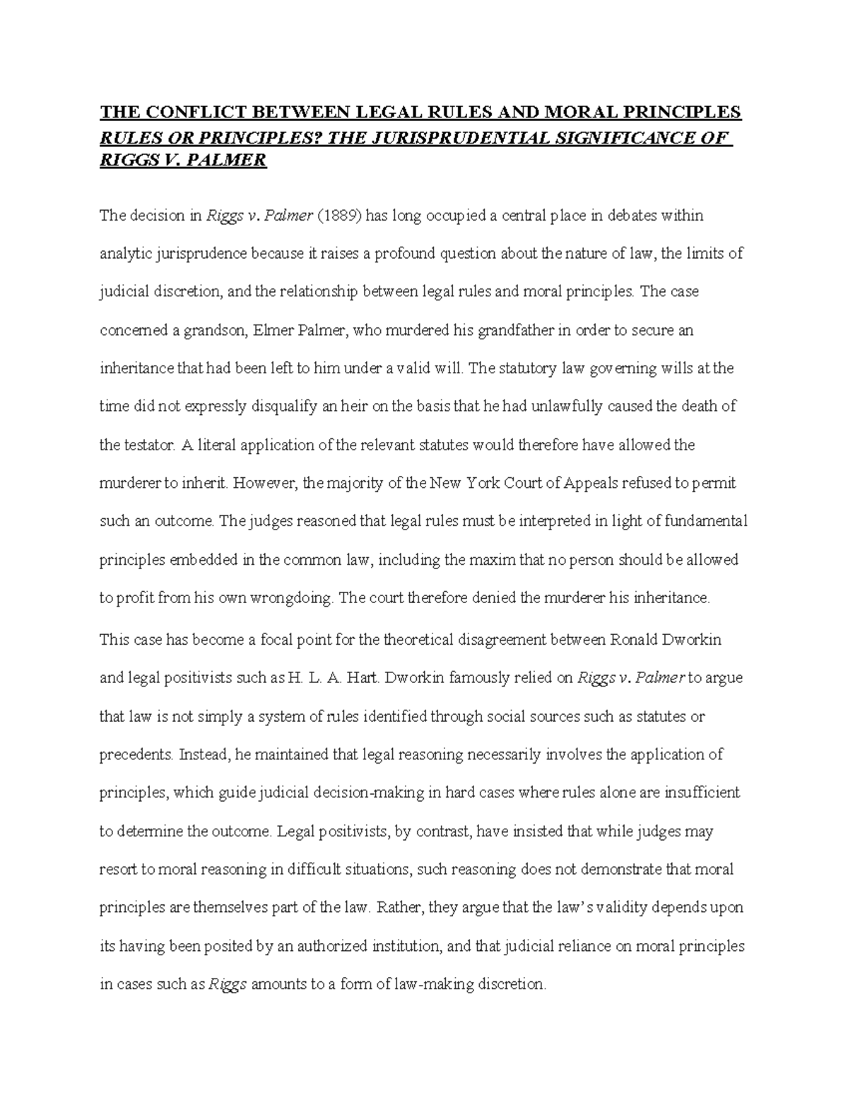 Legal Principles vs. Moral Rules: Insights from Riggs v. Palmer - Studocu