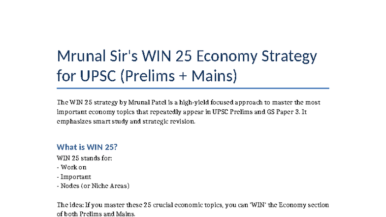 Mrunal WIN 25 Economy Strategy for UPSC Prelims & Mains - Studocu