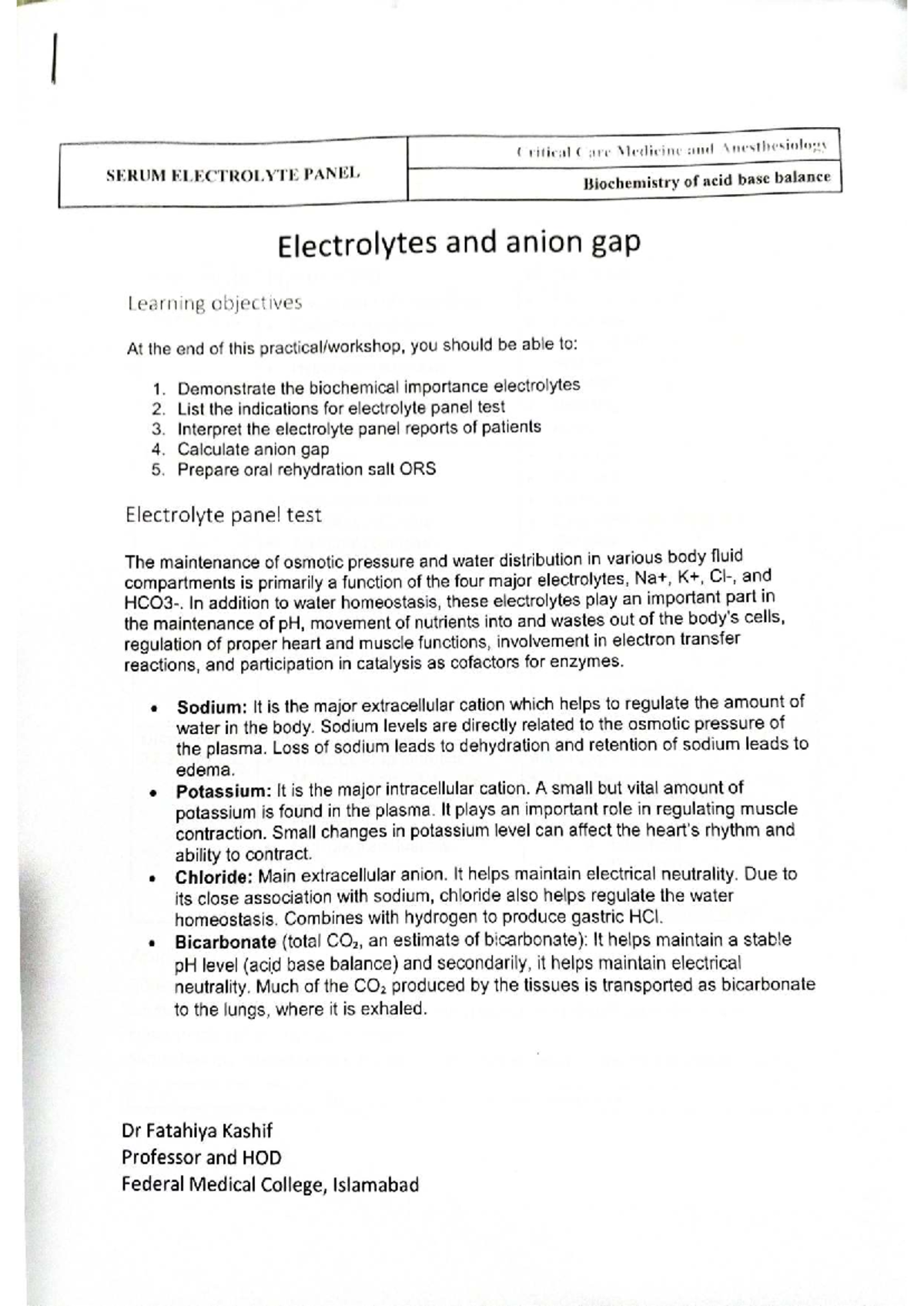Critical Care Medicine and Anesthesiology: SERUM ELECTROLYTE PANEL and ...