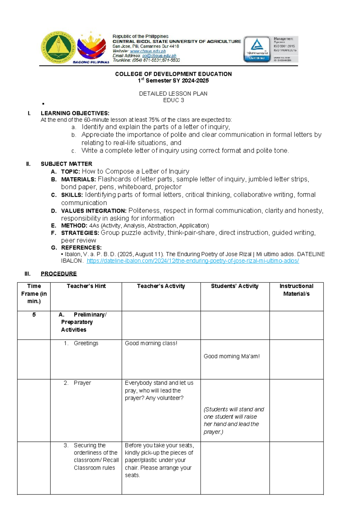 EDUC 3 1st Sem Detailed Lesson Plan: Composing a Letter of Inquiry ...