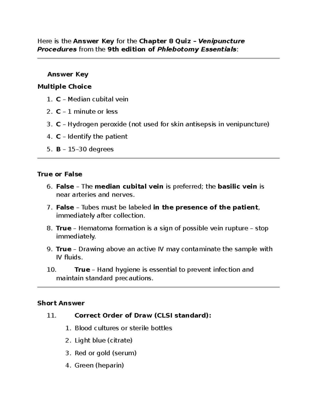 Key for Chapter 8 Quiz: Venipuncture Procedures (Phlebotomy Essentials ...