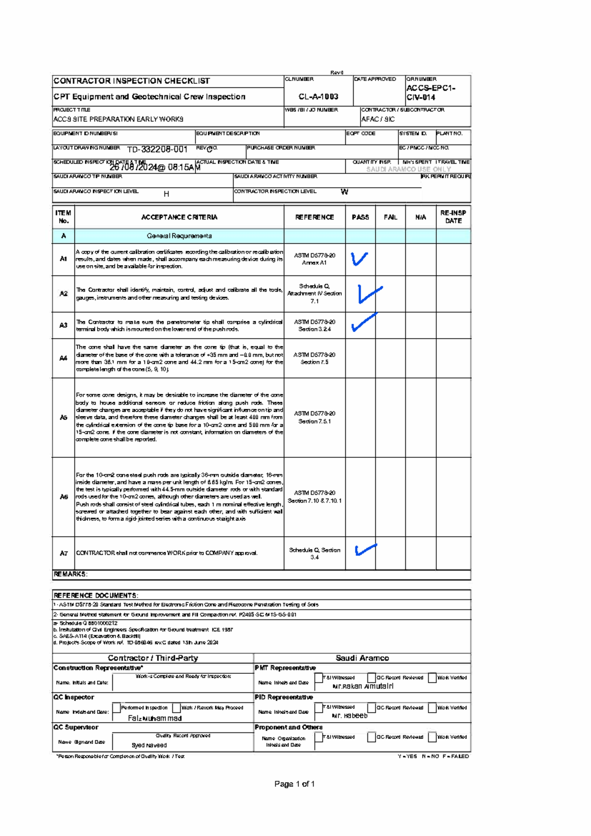 CPT Equipment Inspection Checklist for ACCS Project 1003 - Studocu