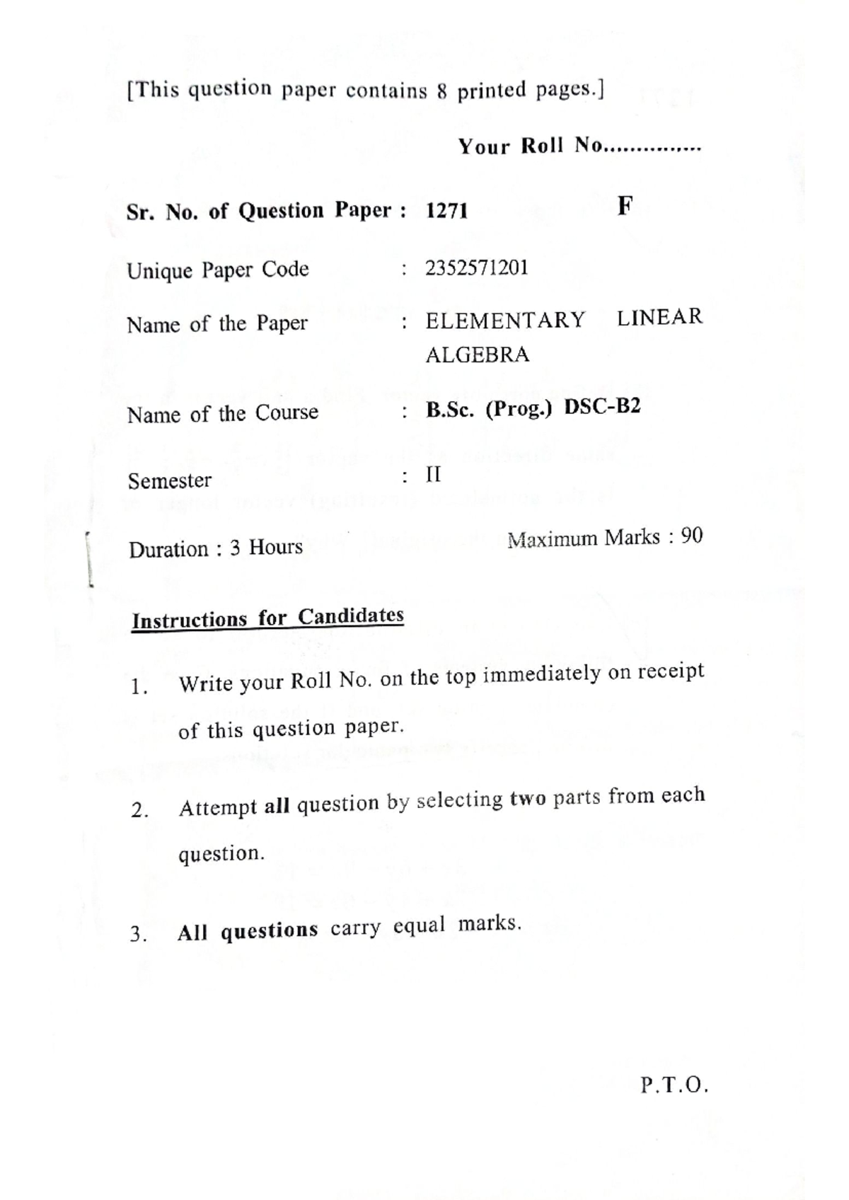 B.Sc. (Prog.) II Sem: Elementary Linear Algebra PYQ Exam Paper - Studocu