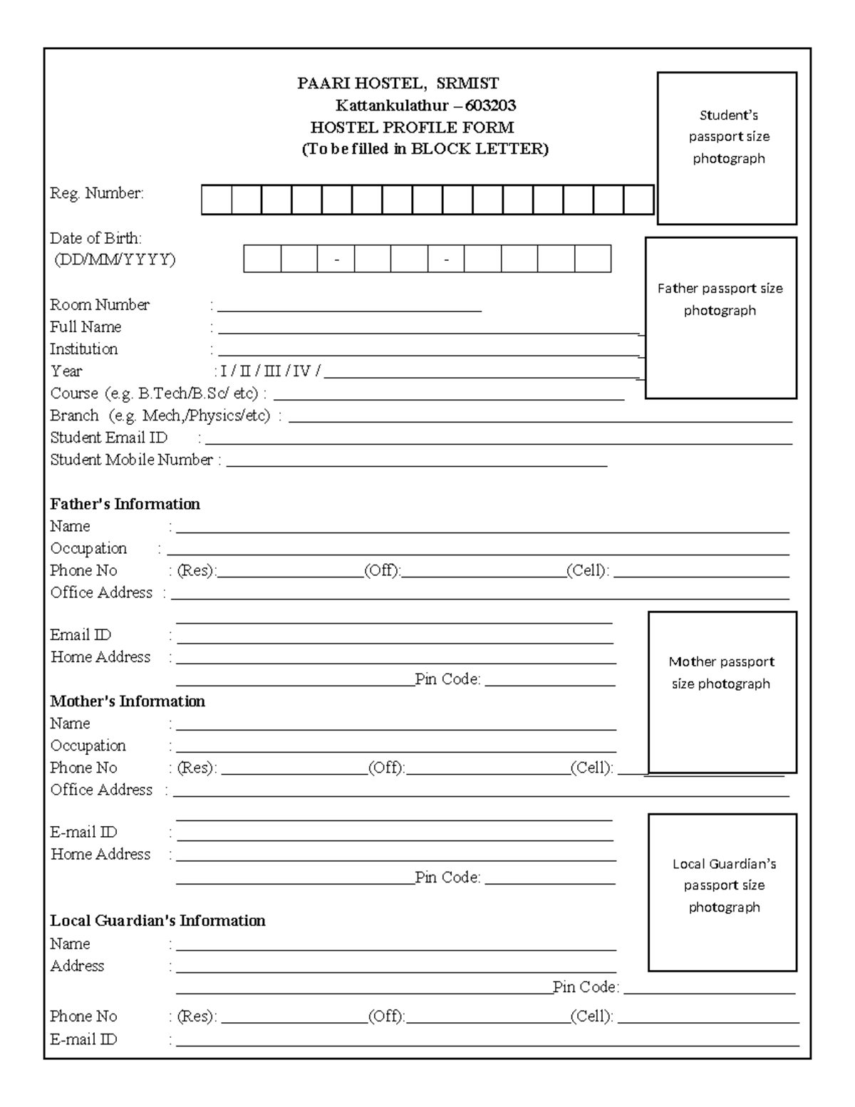 Hostel Profile Form for Students - PAARI Hostel SRMIST - Studocu