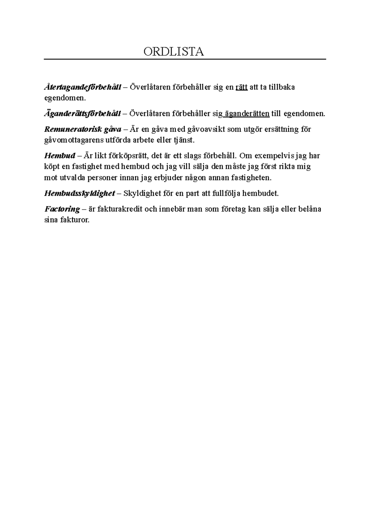 Ordlista - T3 - lkkm - ORDLISTA Återtagandeförbehåll – Överlåtaren ...